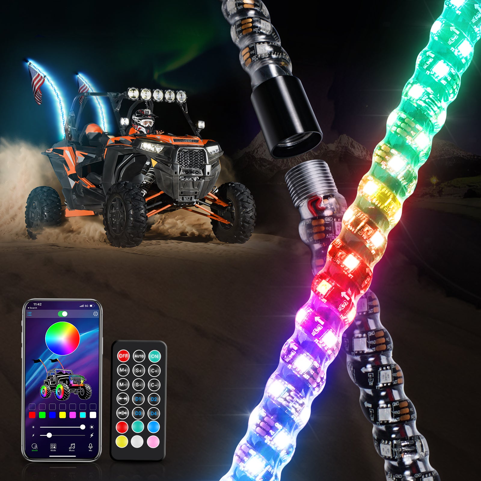 BEVINSEE 5FT LED RGB Whip Light Remote Control For ATV UTV Off-road Ve ...